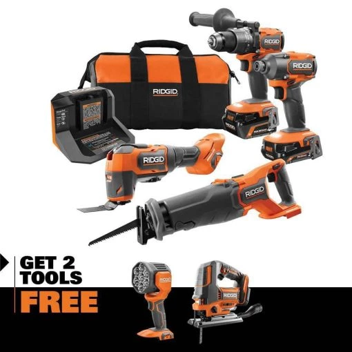 RIDGID 18V Brushless Cordless 4-Tool Combo Kit w/ 18V Cordless LED ...